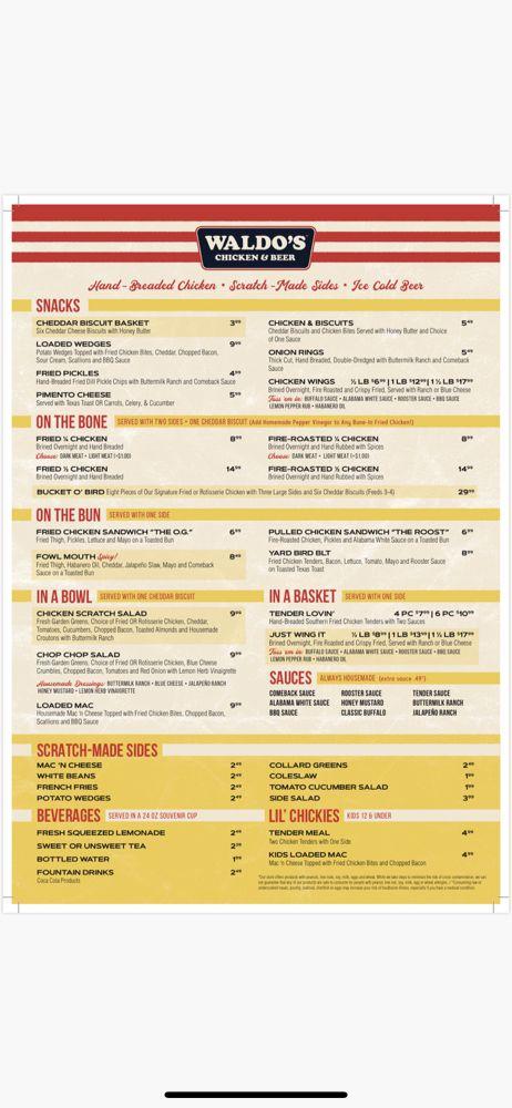 Menu at Waldo's Chicken & Beer pub & bar, Tulsa