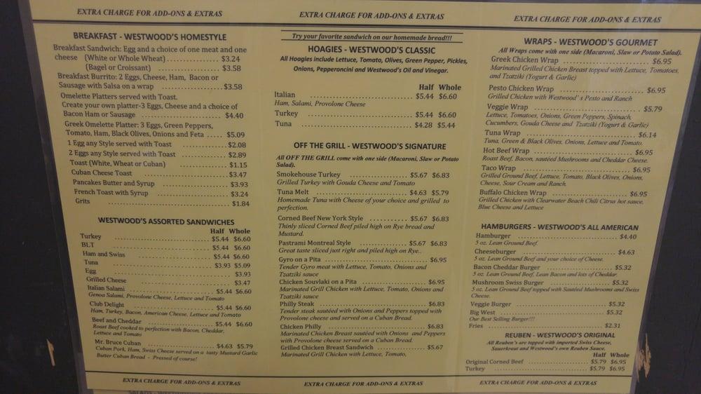 Menu at Westwood Deli restaurant, Tampa