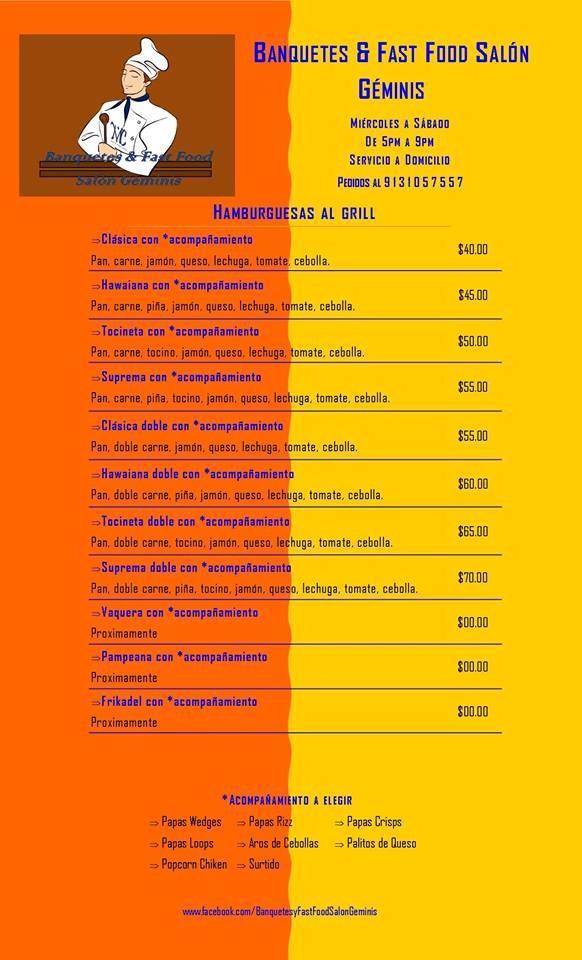 Menu at Banquetes & Fast Food Salón Géminis, Frontera