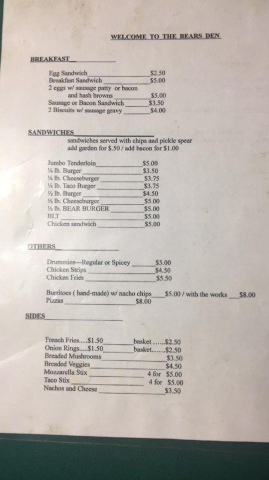 Menu at The Bear's Den restaurant, Argos