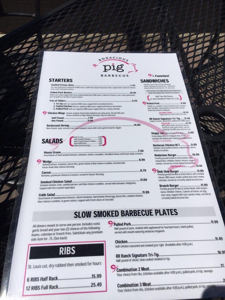 Menu at Bodacious Pig Barbecue, Eagle