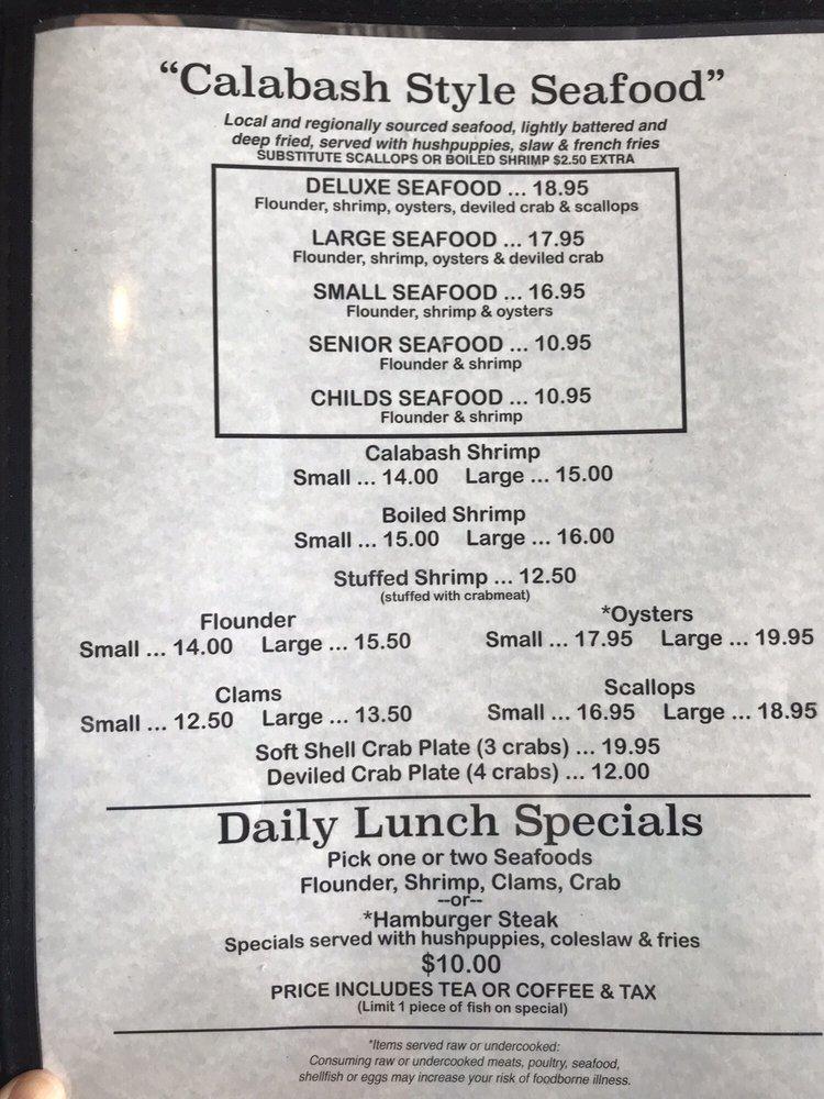 Menu at Calabash Seafood Hut restaurant, Calabash