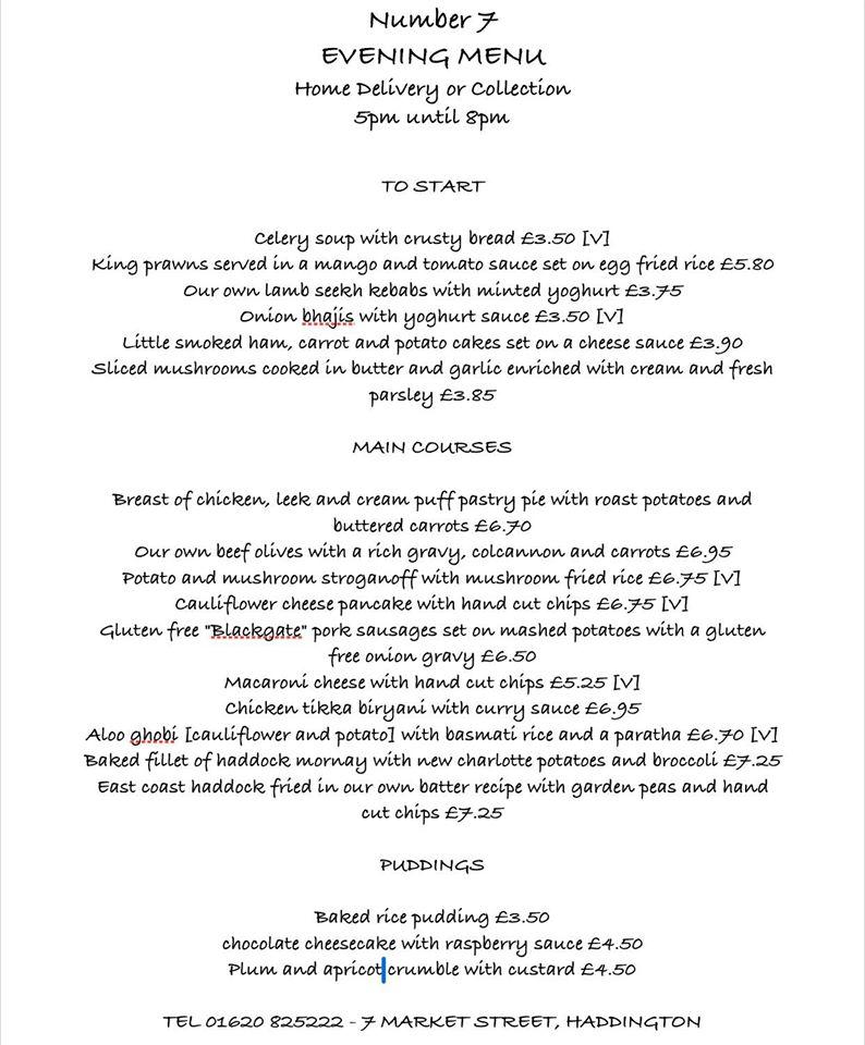 Menu at Number 7 restaurant, Haddington