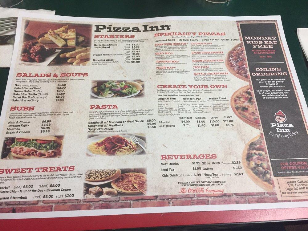 Menu at Pizza Inn pizzeria, Lancaster