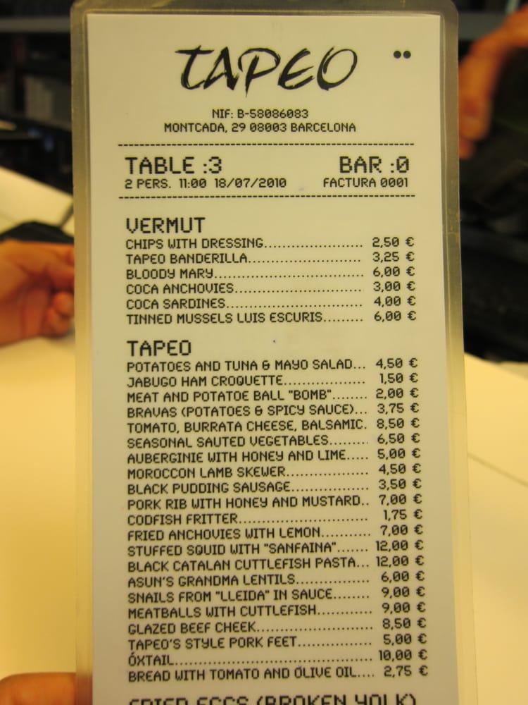 Menu at Tapeo pub & bar, Barcelona