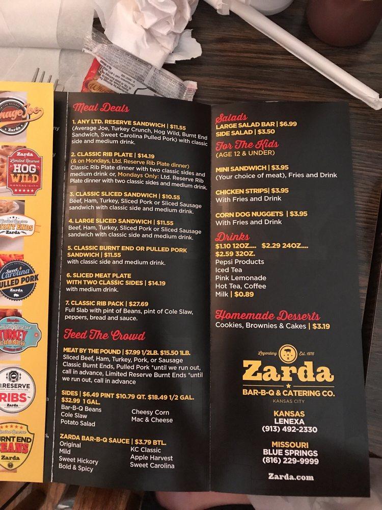 Menu at Zarda Bar-B-Q, Lenexa, W 87th St Pkwy