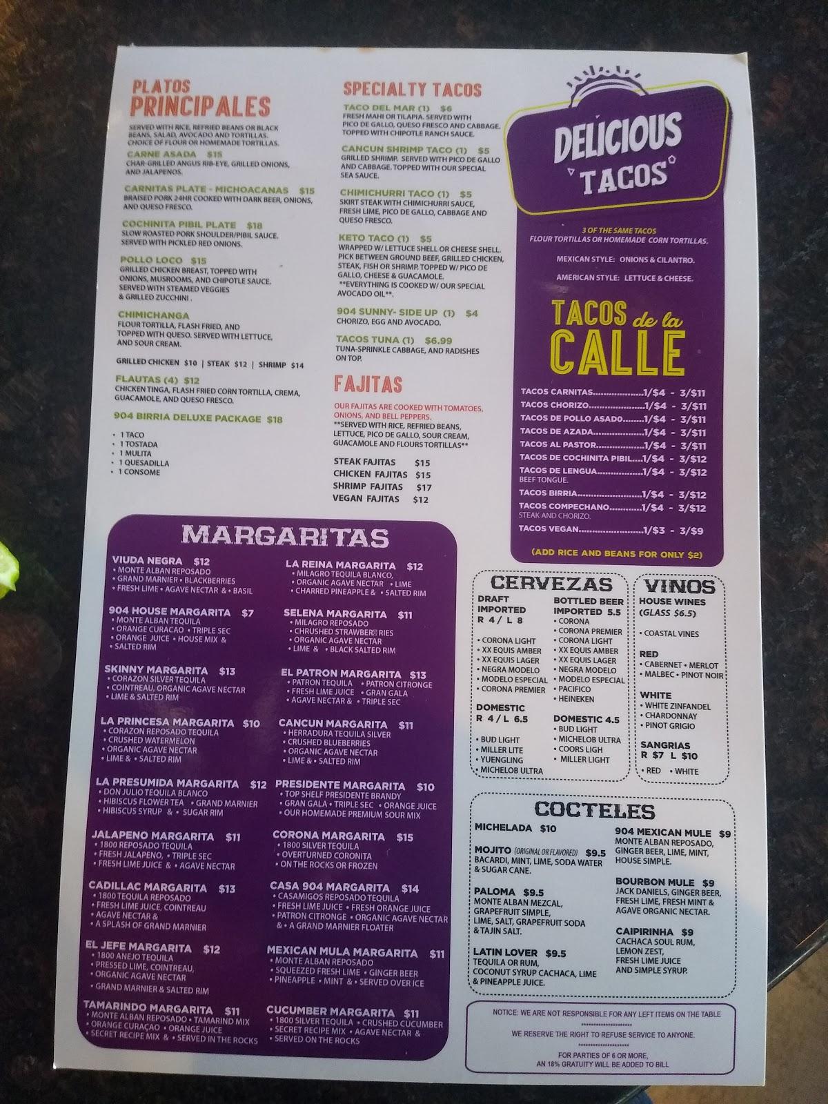 Menu at 904 Tacos Five Points Jacksonville pub & bar, Jacksonville