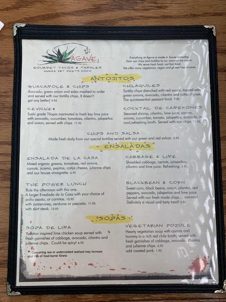 Menu at Agave restaurant, Ashland, 5 Granite St