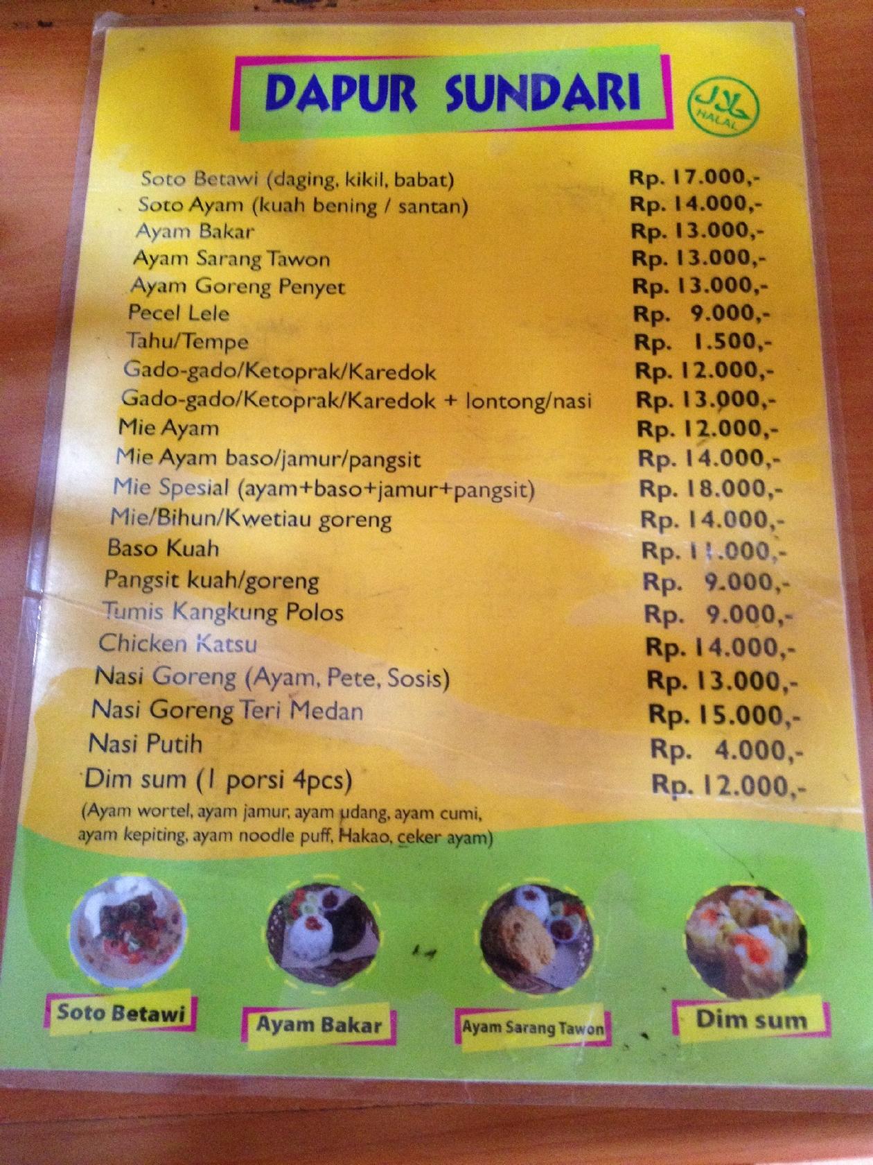 Menu at Dapur Sundari restaurant, South Tangerang