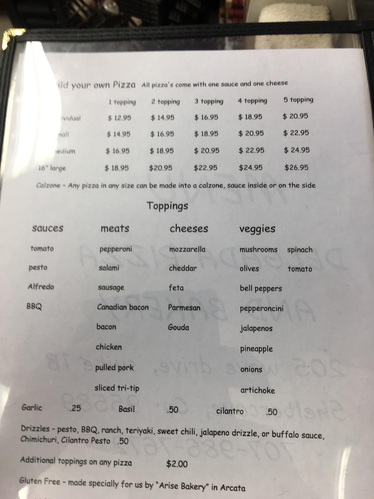 Menu at Delgada Pizza pizzeria, Shelter Cove