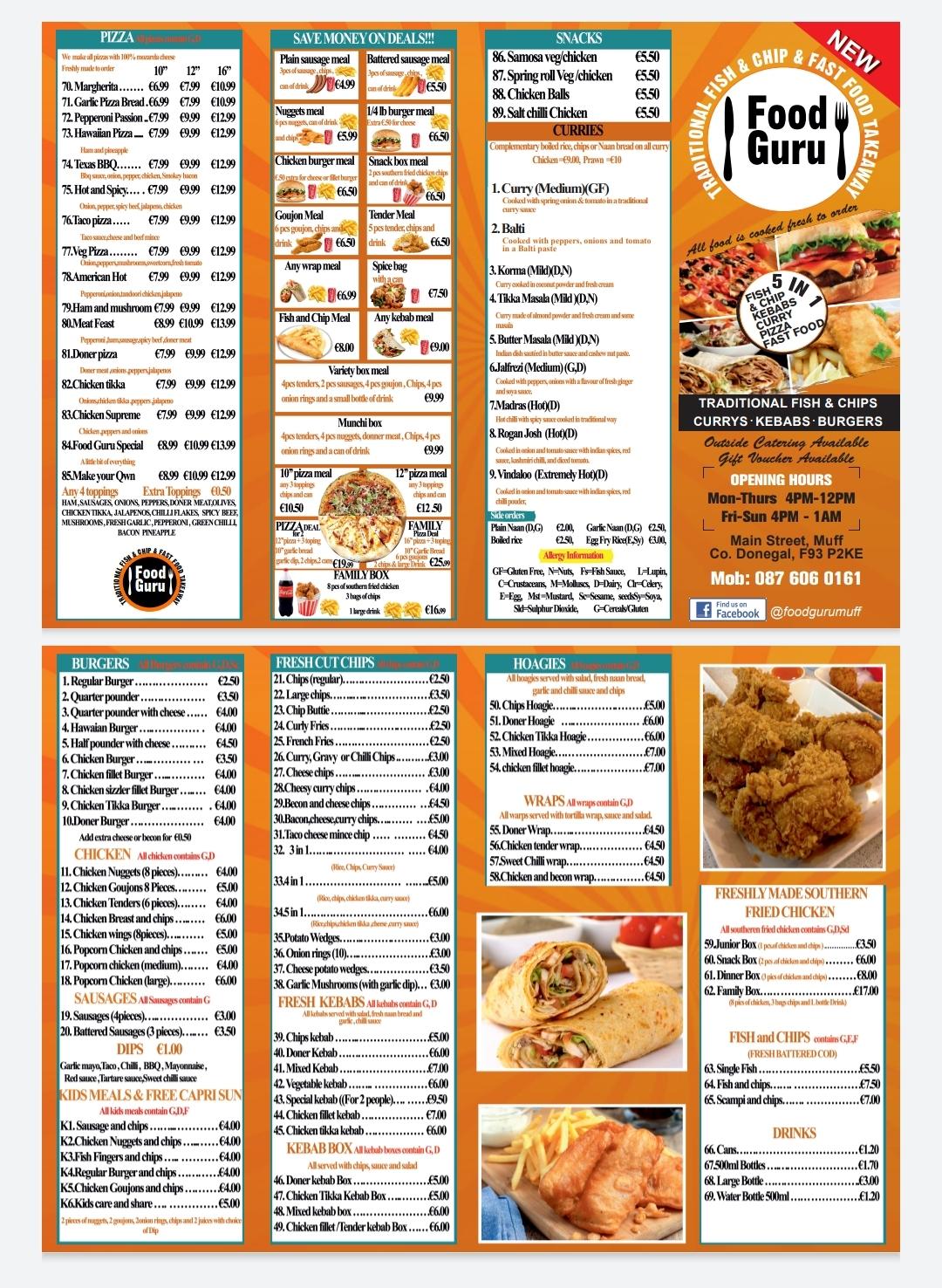 Menu at Food guru takeaway muff restaurant, Muff