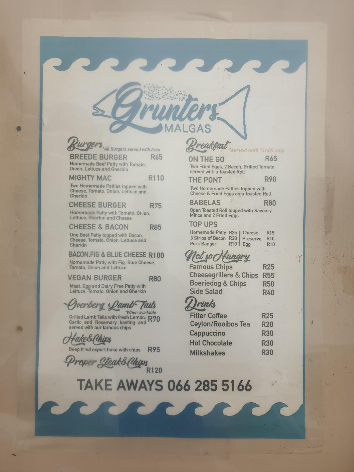 Menu at Grunters Restaurant & Pub, Malgas