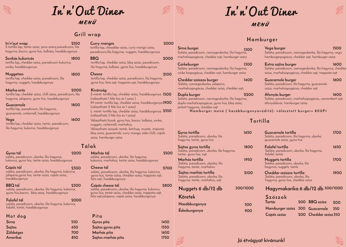 Carta del restaurante In 'n' out diner, Hajdúszoboszló
