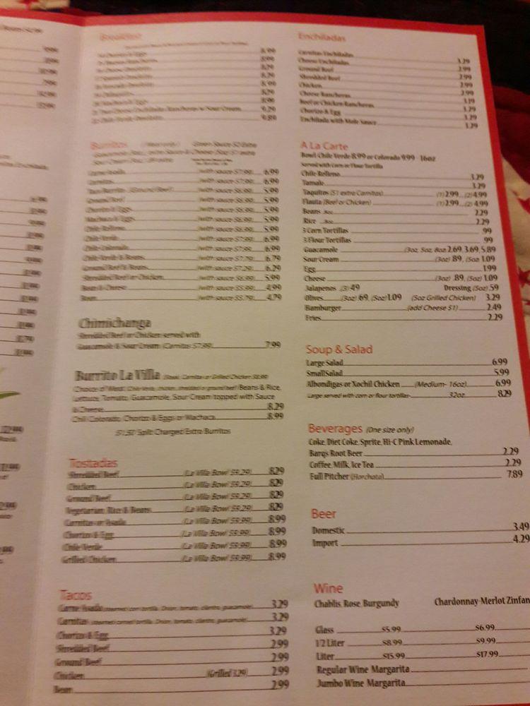 Menu at La Villa Mexican Food restaurant, Gardena, Crenshaw Blvd