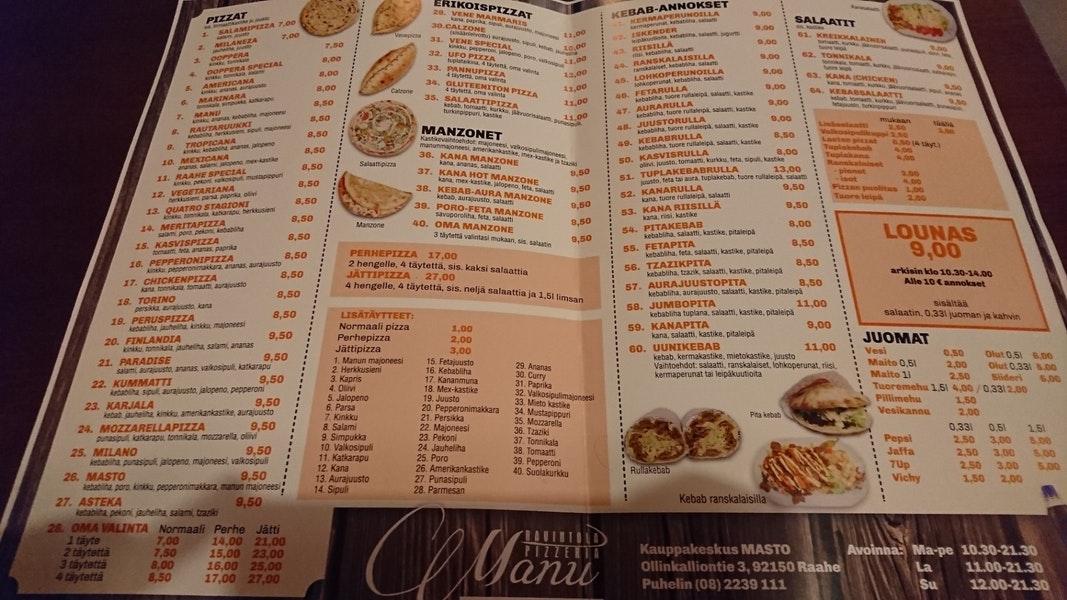 Menu at Manu Pizzeria, Raahe
