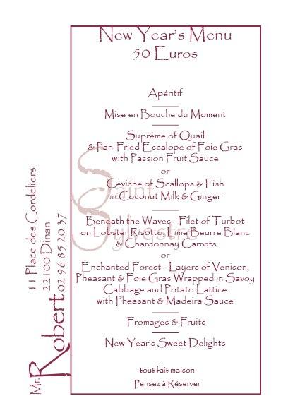 Menu at Mr. Robert Restaurant, Dinan