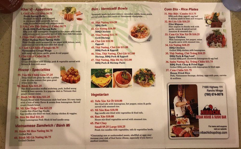 Menu at Pho Vu restaurant, La Quinta