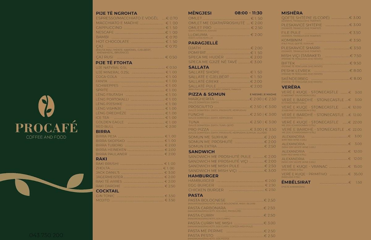 Menu au ProCafé & Food, Prizren
