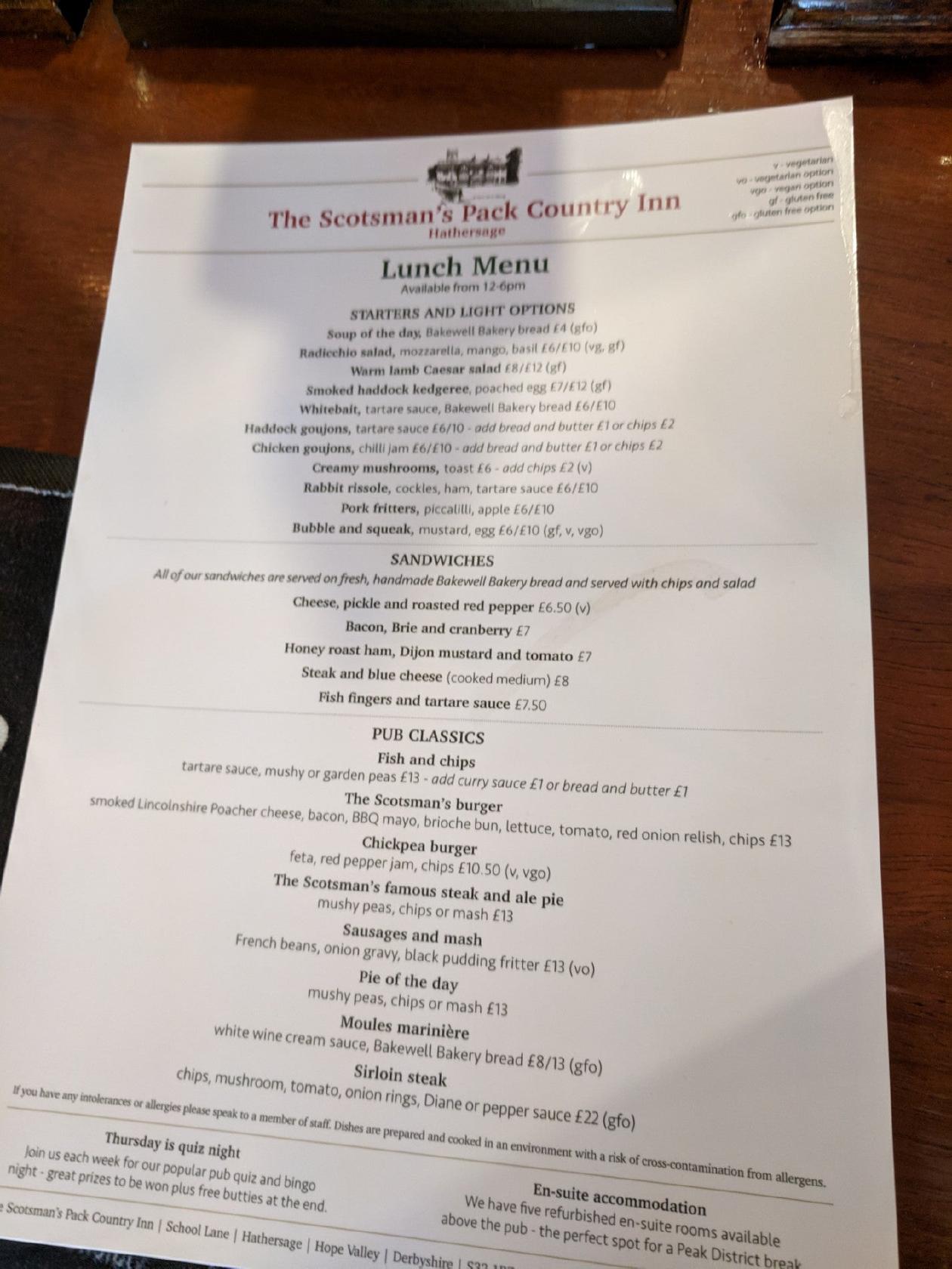 Menu at Restaurant at The Scotsmans Pack, Hathersage