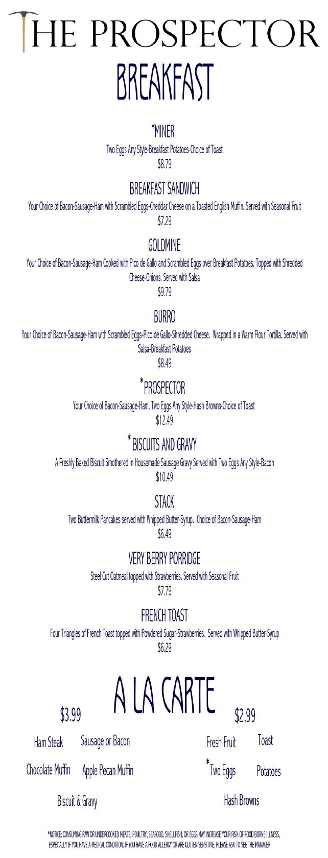 Menu at The Prospector restaurant, Gold Canyon