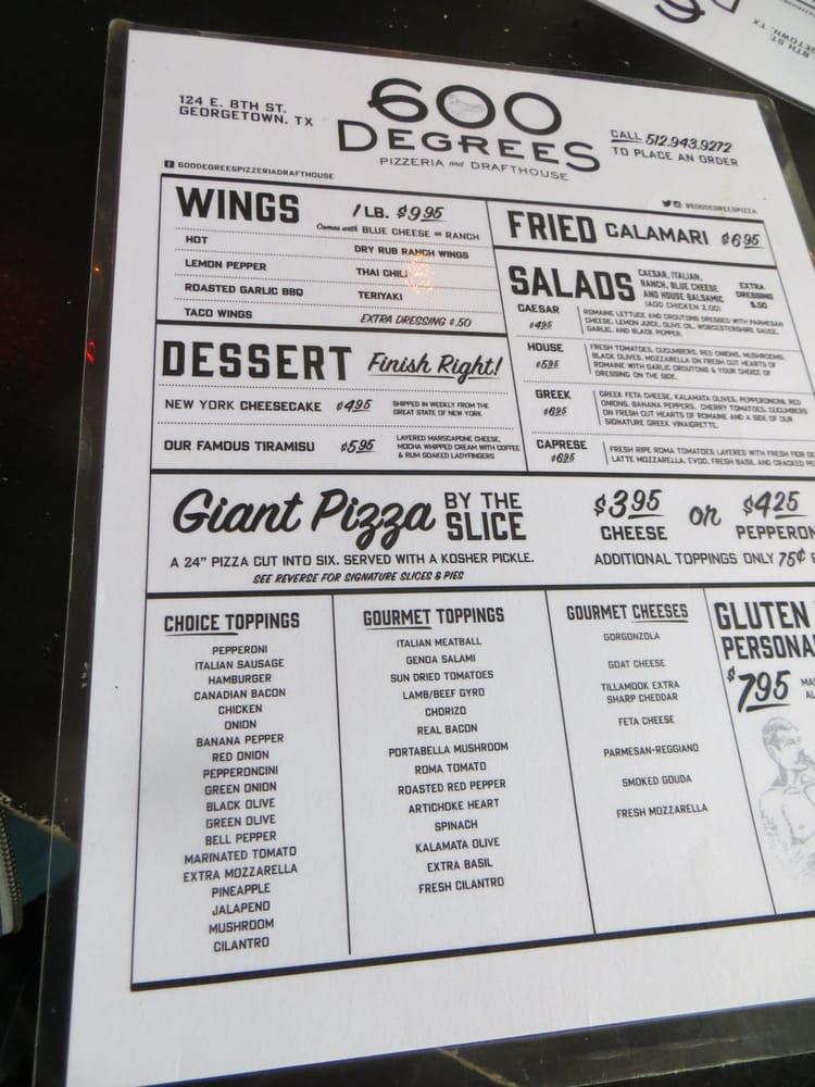 Menu at 600 Degrees Pizzeria, Georgetown