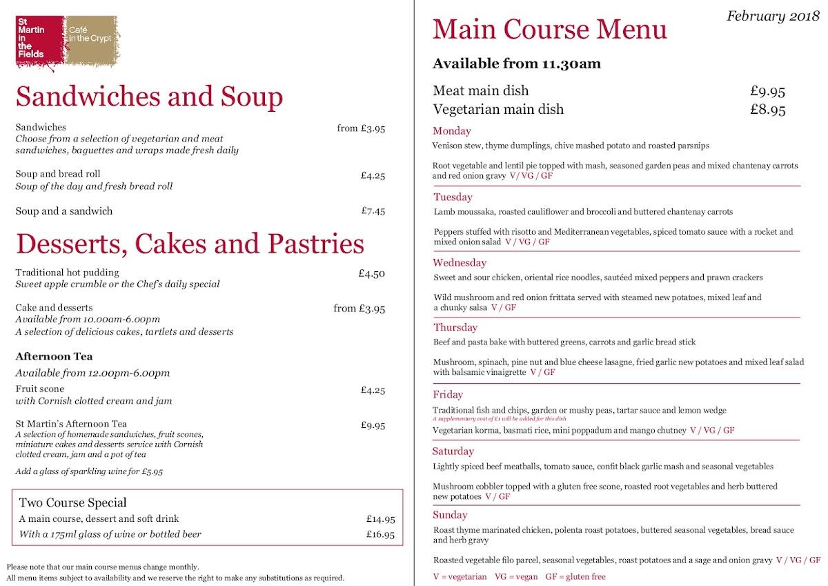 Menu at Café in the Crypt cafe, London, Trafalgar Sq