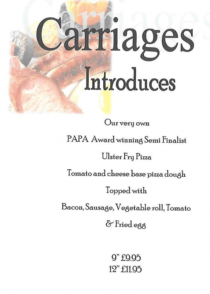 Menu at Carriages Bistro restaurant, Larne, 105 Main St
