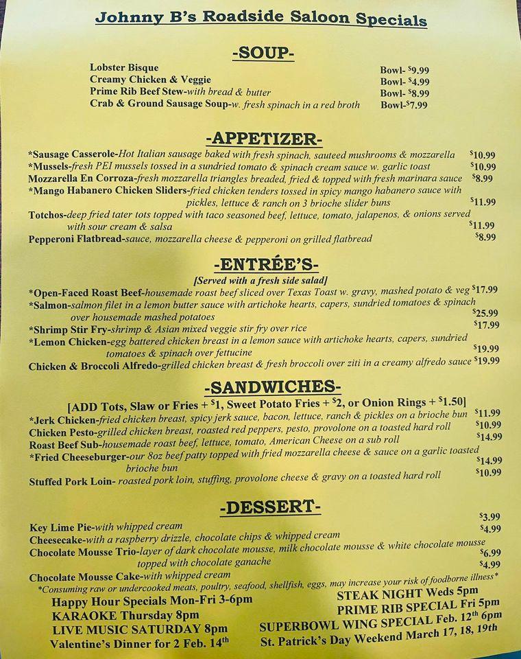 Menu at Johnny B's Roadside Saloon pub & bar, Wolcott