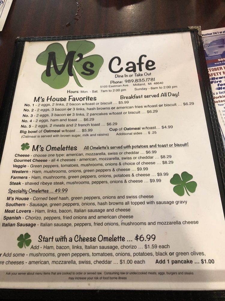 Menu at M's Cafe, Midland
