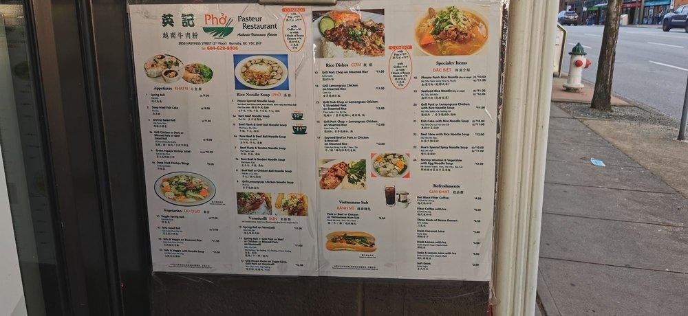 Menu at Phở Pasteur Restaurant, Burnaby