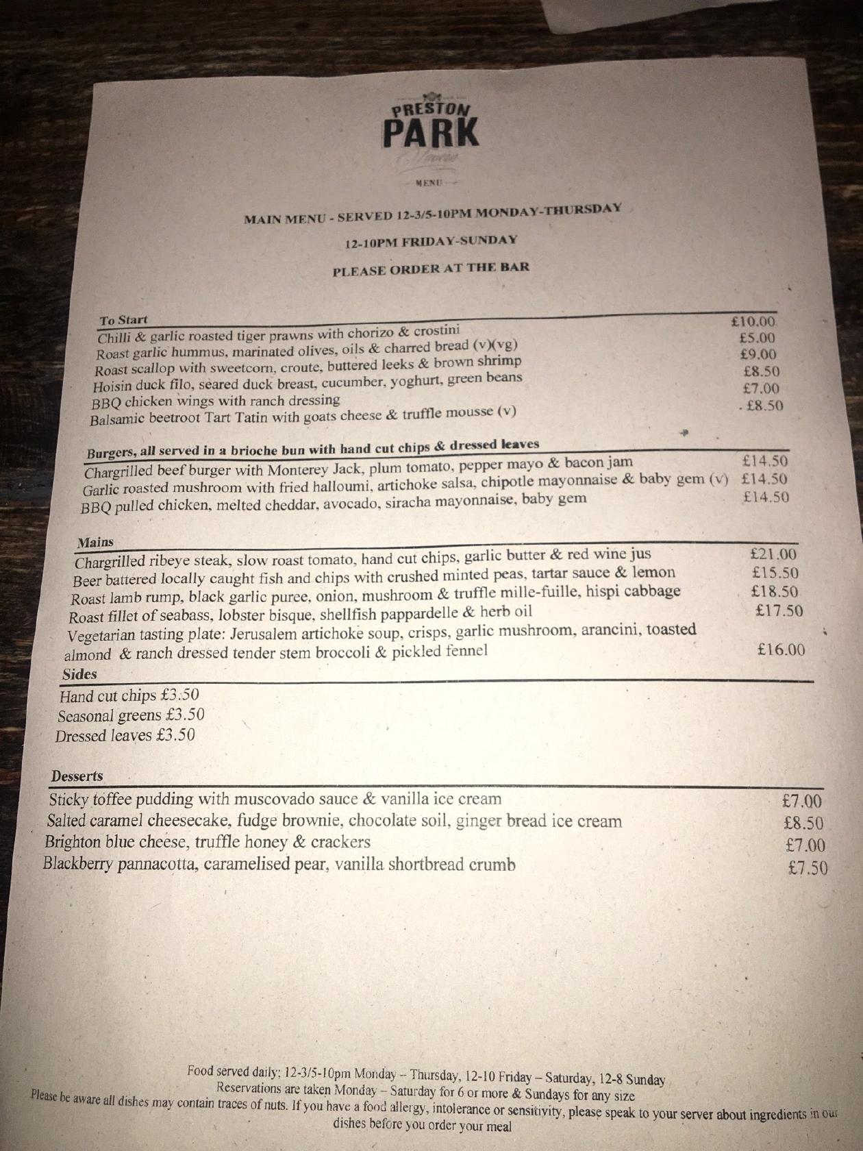 Menu at Preston Park Tavern pub & bar, Brighton