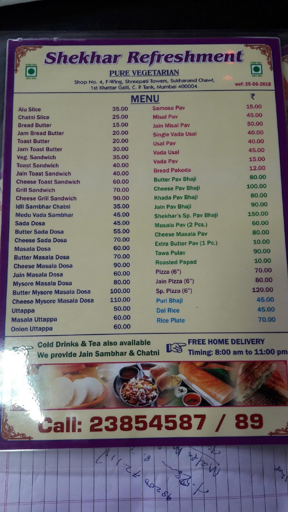 Menu at Shekhar Refreshment, Mumbai