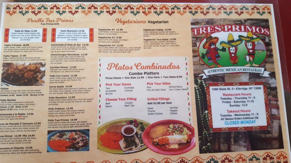 Menu at Tres Primos Mexican Restaurant, Elbridge