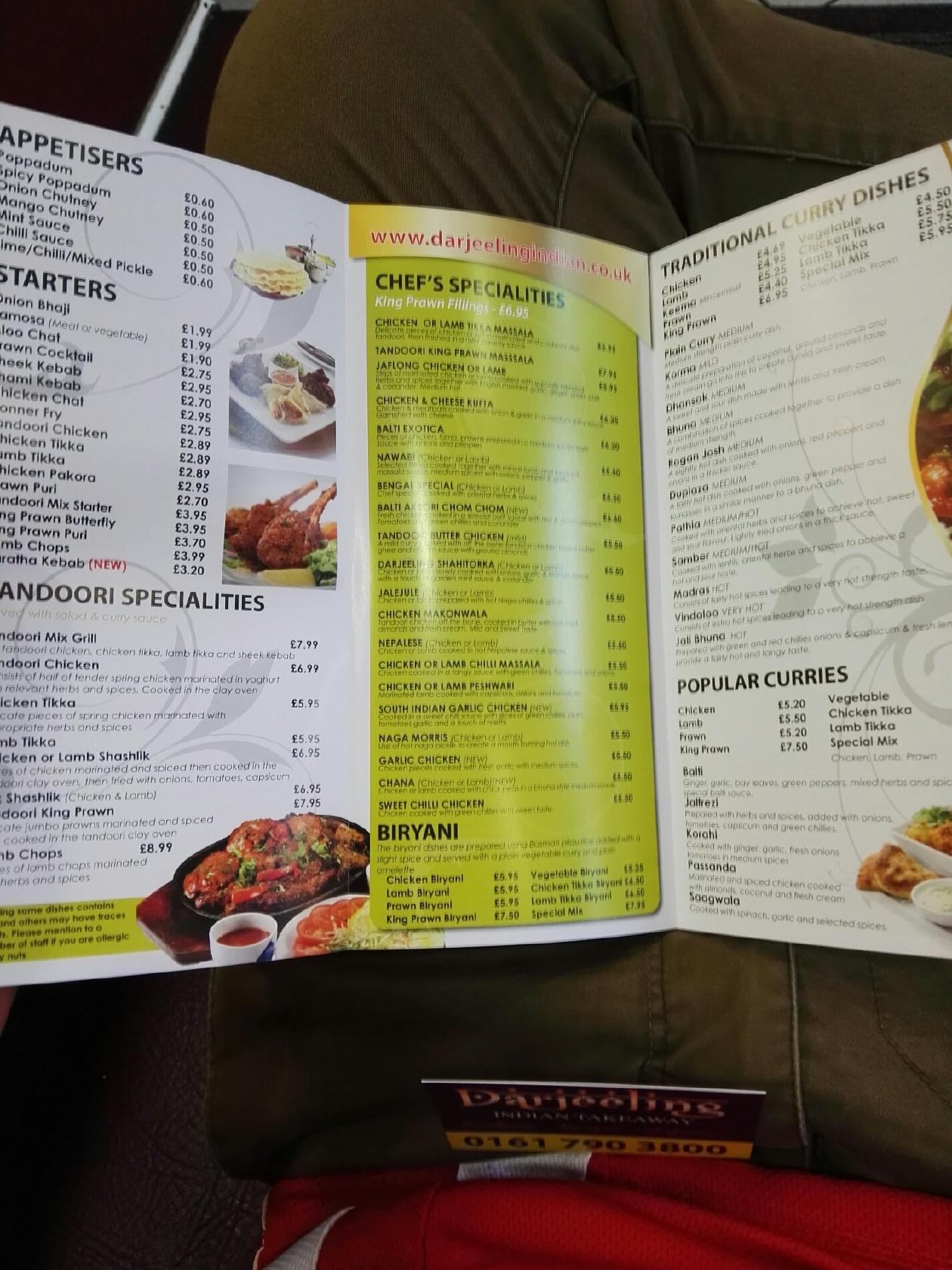 Menu at Darjeeling fast food, Worsley
