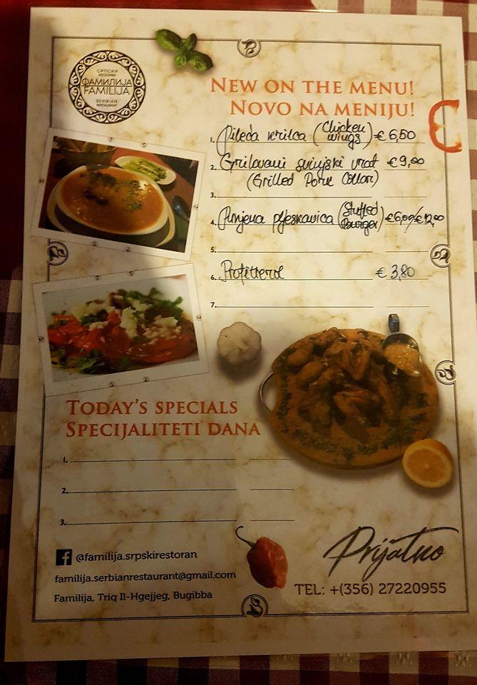Menu at Familija Serbian Restaurant, Saint Paul's Bay
