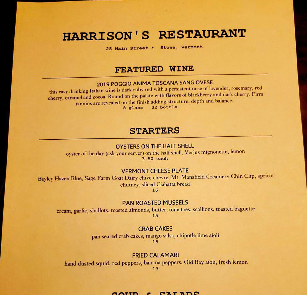 Menu at Harrison's Restaurant, Stowe
