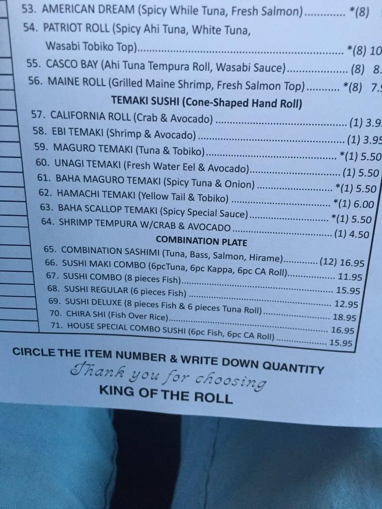 Menu at King of the Roll restaurant, Portland