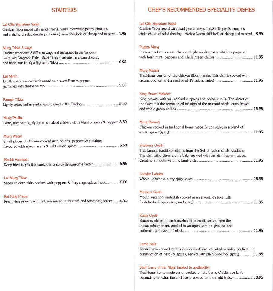 Menu at Lal Qila restaurant, Cramlington, Dudley Ln