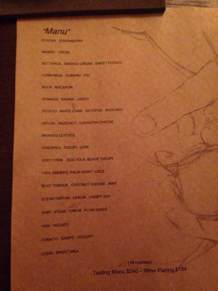 Menu at Manu restaurant, Curitiba