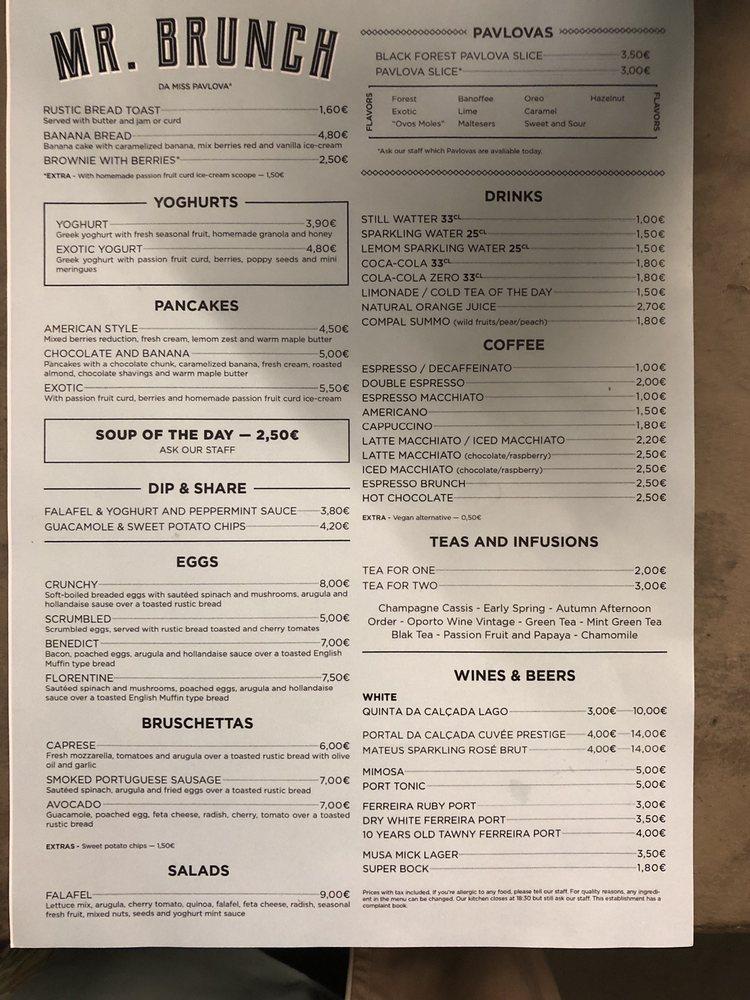 Menu at Miss Pavlova cafe, Porto, Rua do Almada 13