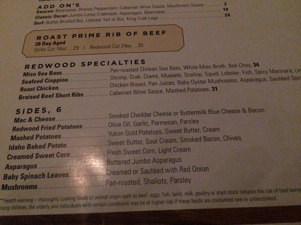 Menu at Redwood Steakhouse, Las Vegas