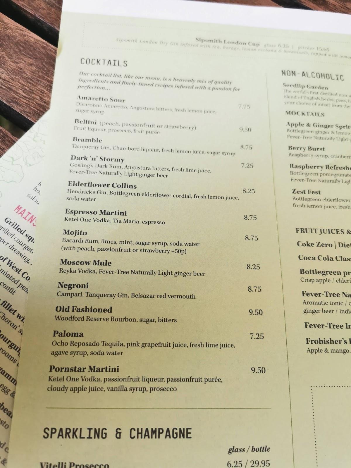 Menu at The Boot restaurant, Cambridge