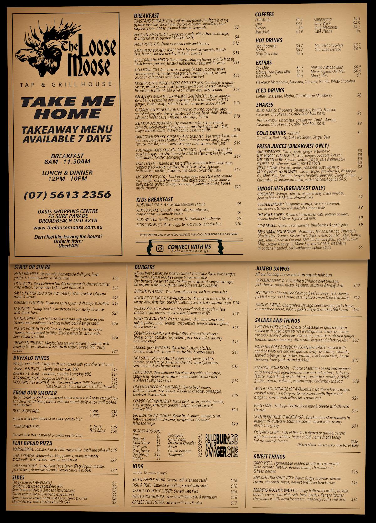 Menu at The Loose Moose pub & bar, Broadbeach