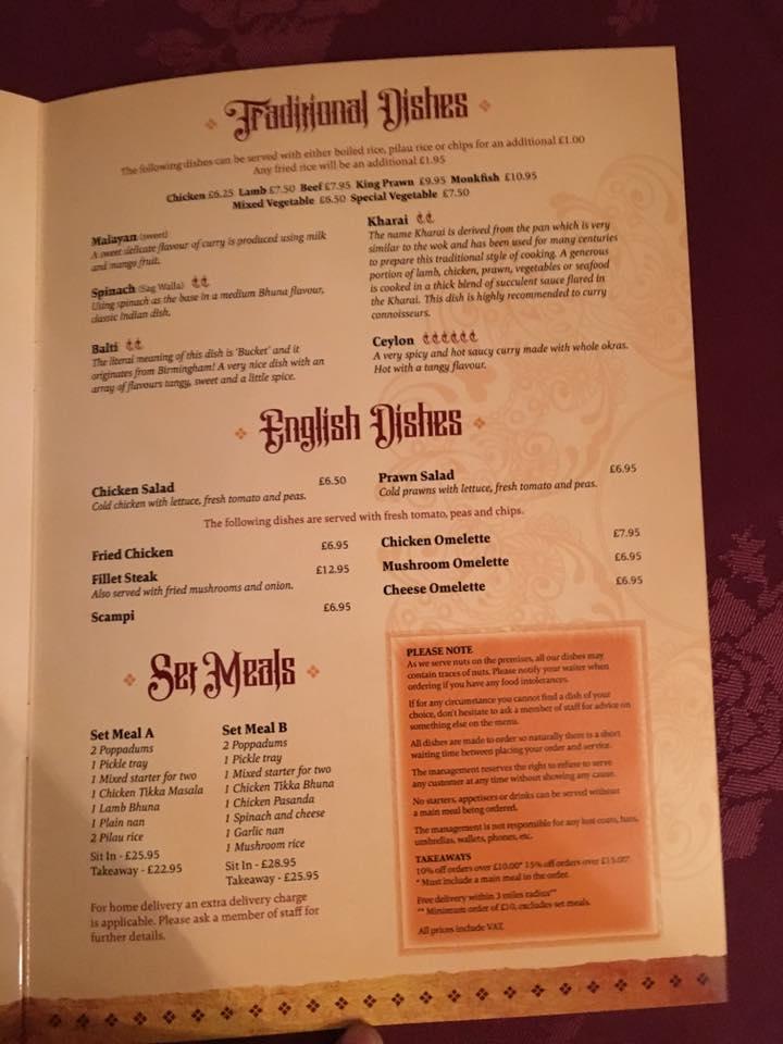 Menu at Agrah restaurant, Cleethorpes