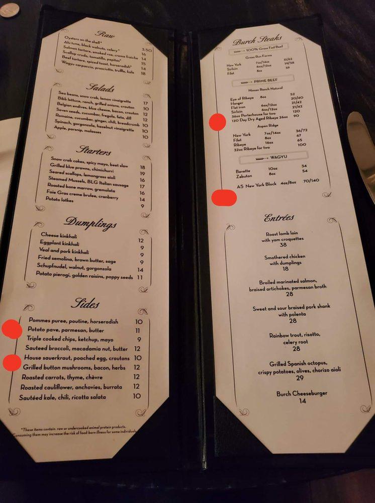 Menu at Burch Steak steakhouse, Minneapolis