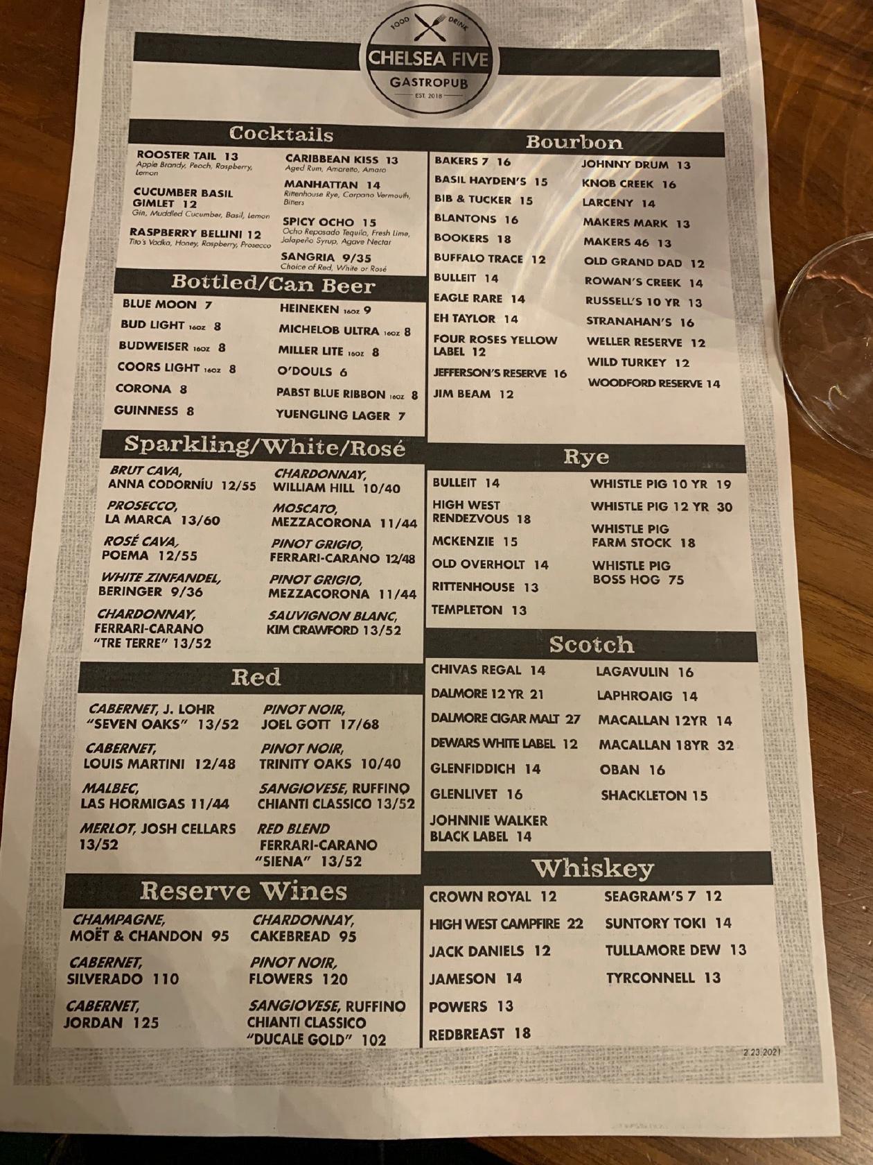 Menu at Chelsea Five Gastropub, Atlantic City
