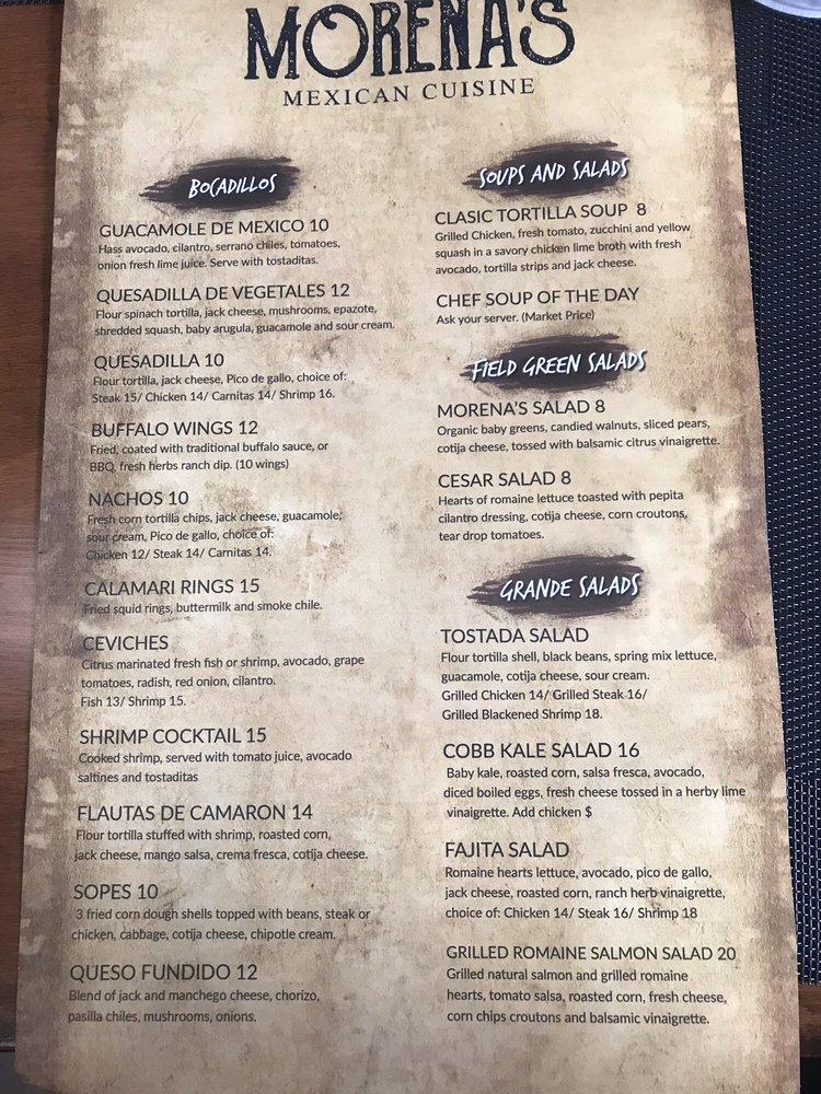 Menu at Morena’s Mexican Cuisine restaurant, Ladera Ranch