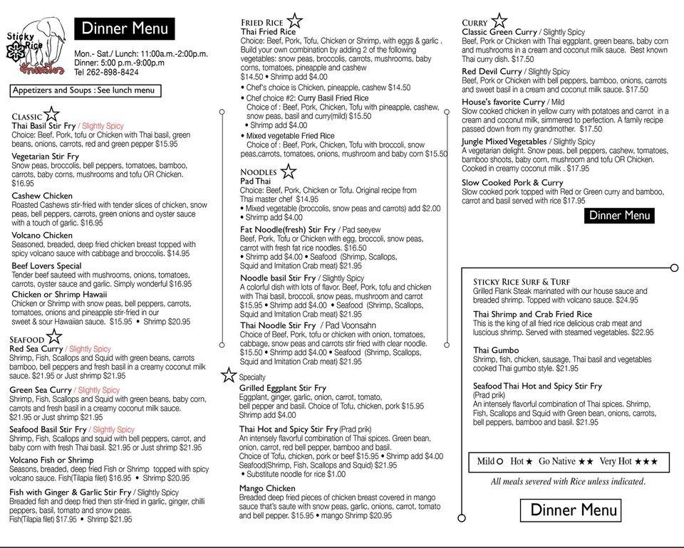 Menu at Sticky Rice Thai restaurant, Racine, 203 6th St