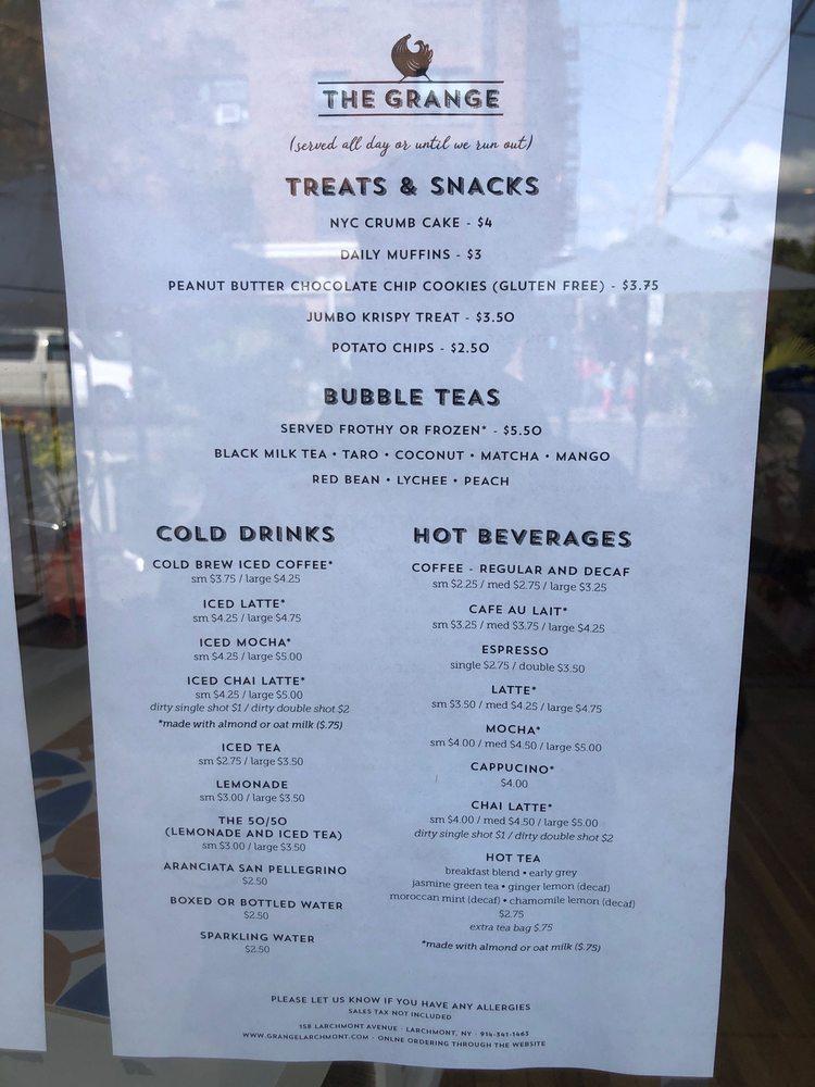 Menu at The Grange restaurant, Larchmont