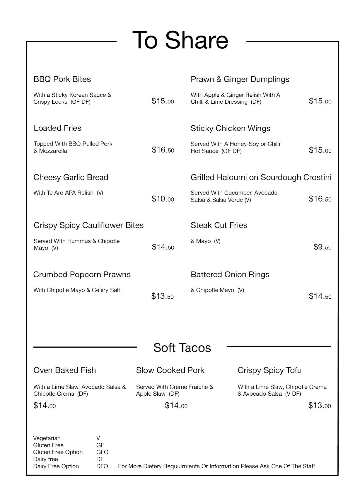 Menu at Aro Bar, Upper Hutt